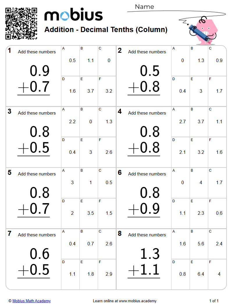 Addition - Decimal Tenths (Column) | Level 2 | Grade 4 Math Worksheets ...