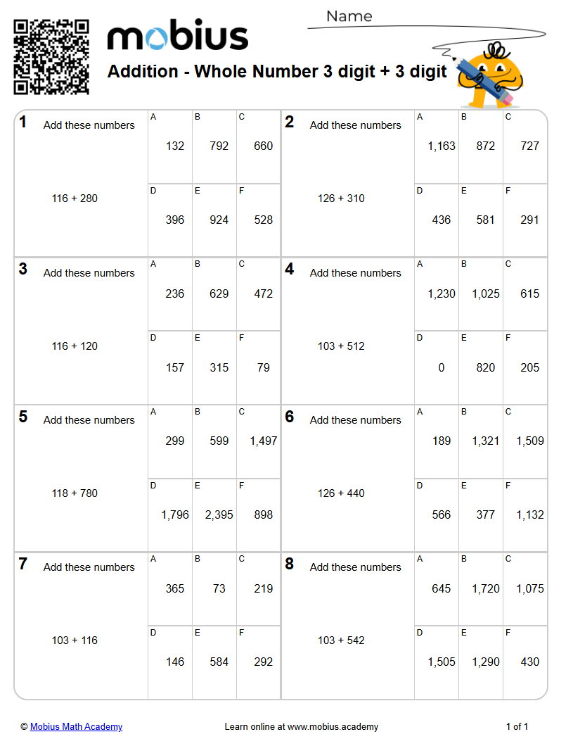 Addition - Whole Number 3 digit + 3 digit (Level 1) - Mobius Math Academy