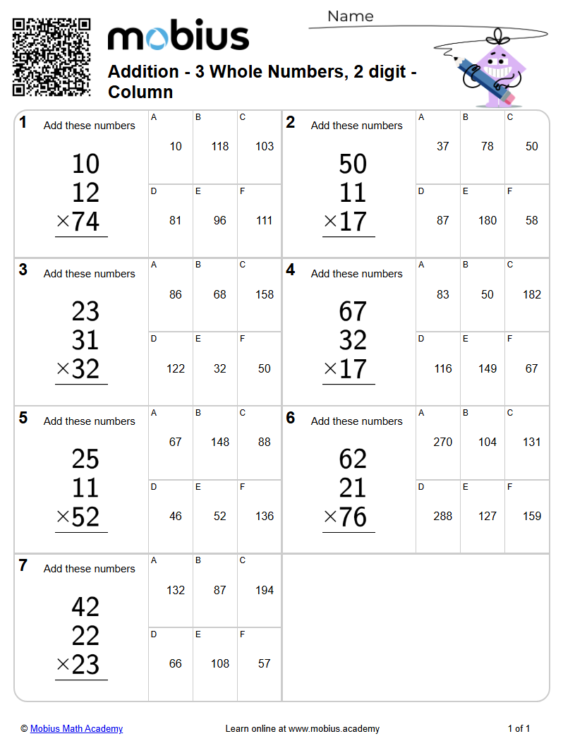 Addition - 3 Whole Numbers, 2 digit - Column (Level 1) - Mobius Math ...