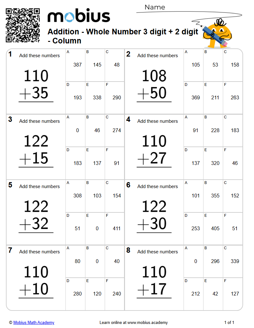 Addition - Whole Number 3 digit + 2 digit - Column (Level 1) - Mobius ...