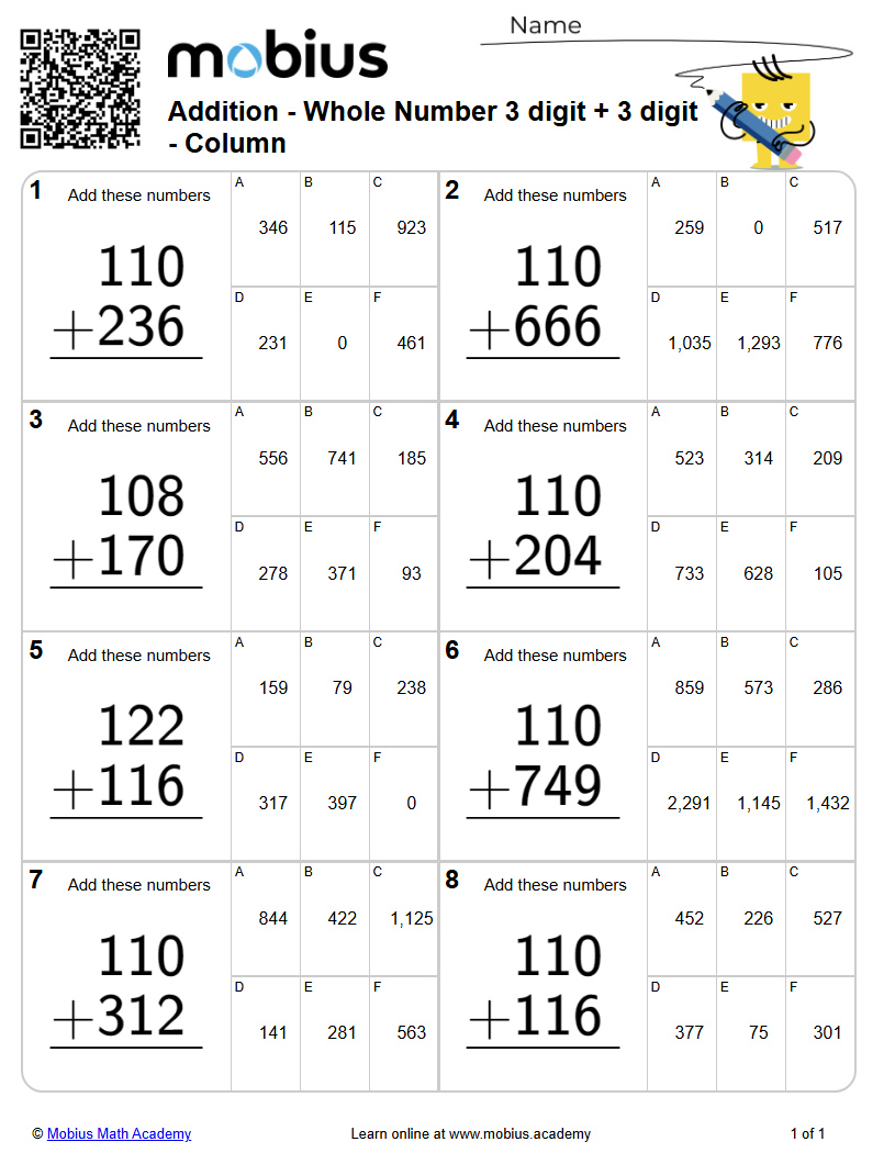 Addition - Whole Number 3 digit + 3 digit - Column (Level 1) - Mobius ...