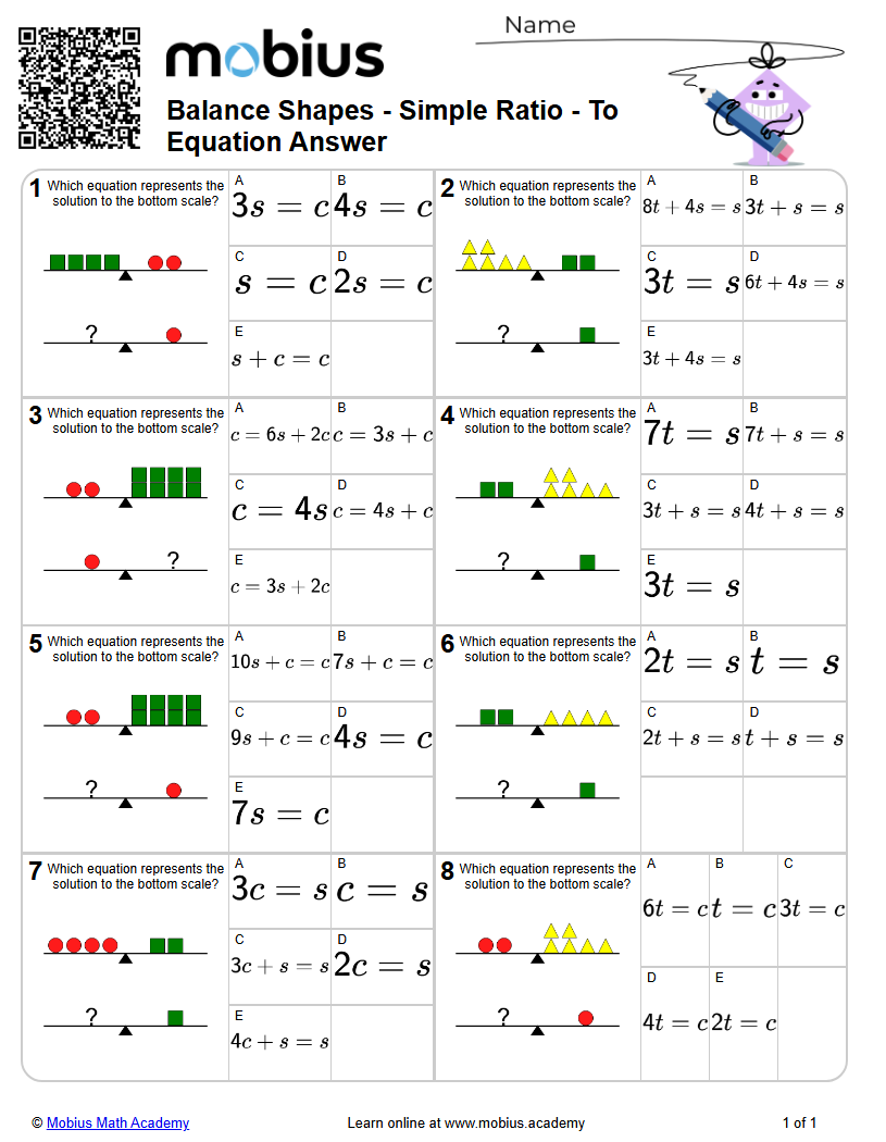 Balance Shapes - Simple Ratio - To Equation Answer (Level 1) - Mobius ...