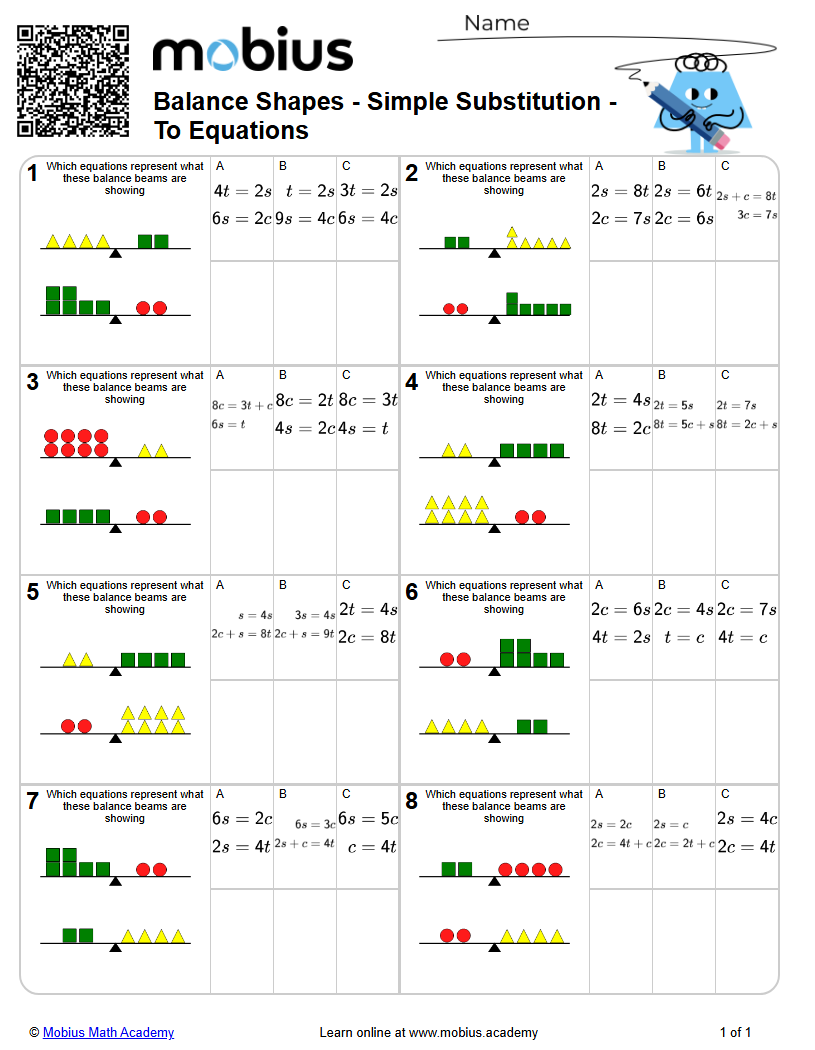 Balance Shapes - Simple Substitution - To Equations | Level 1 | Grade 8 ...