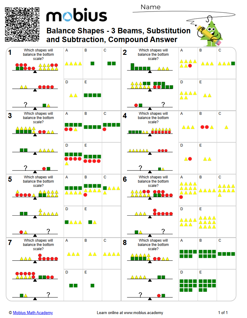 Balance Shapes - 3 Beams, Substitution and Subtraction, Compound Answer ...