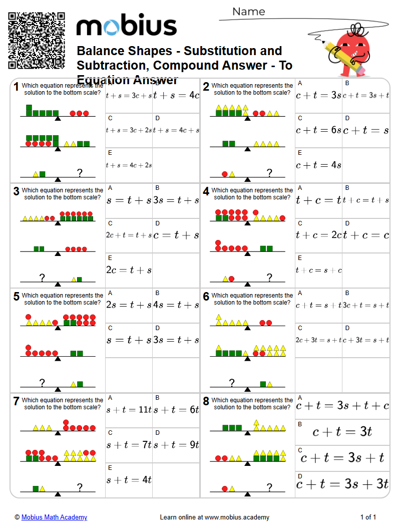Balance Shapes - Substitution and Subtraction, Compound Answer - To ...