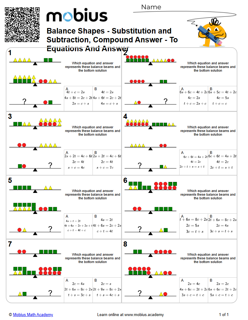 Balance Shapes - Substitution and Subtraction, Compound Answer - To ...