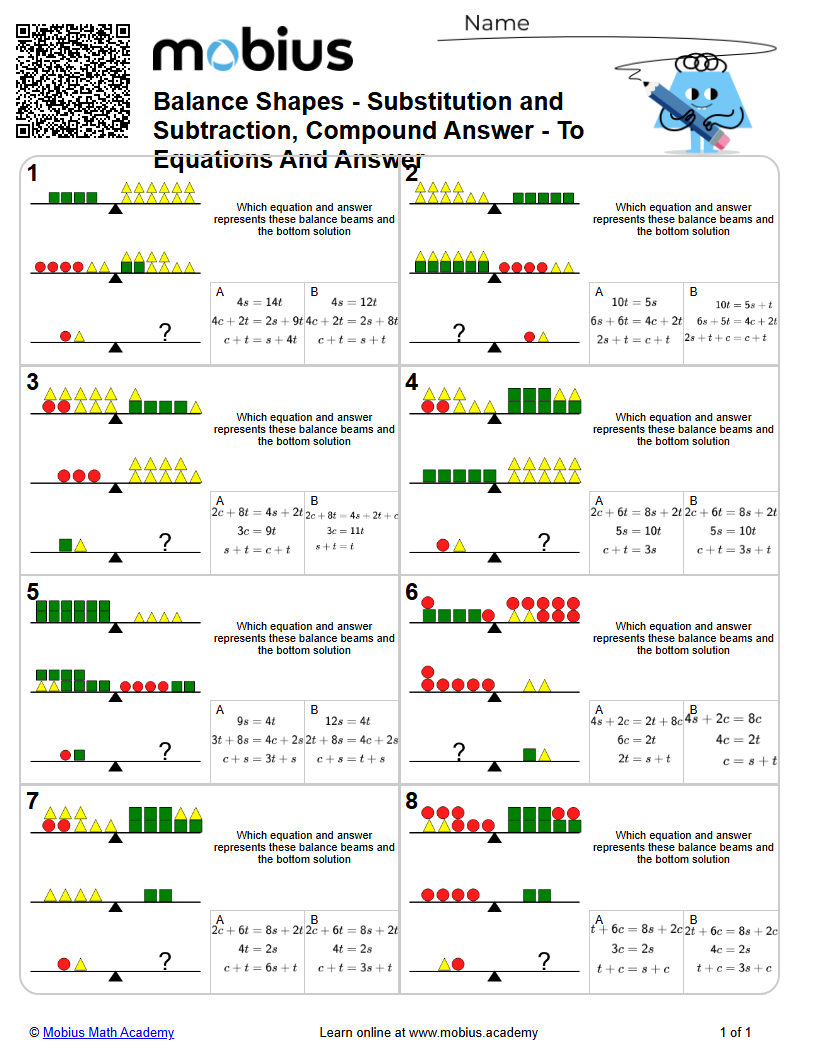 Balance Shapes - Substitution and Subtraction, Compound Answer - To ...