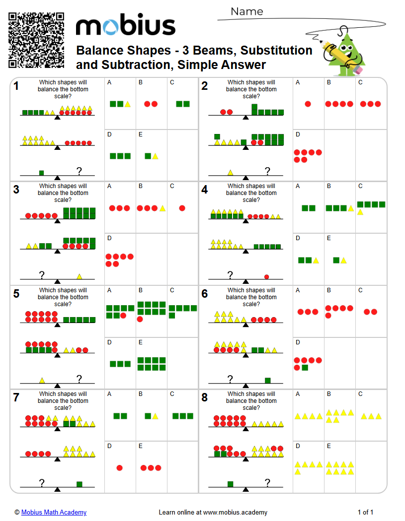 Balance Shapes - 3 Beams, Substitution and Subtraction, Simple Answer ...