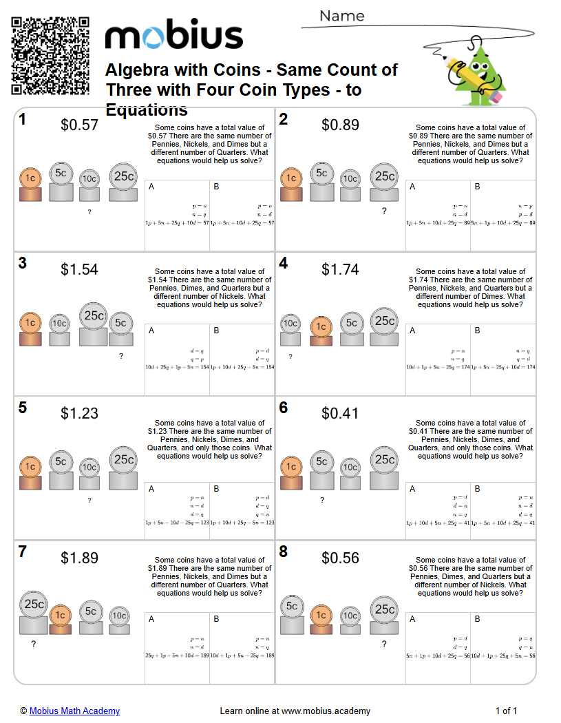 Algebra with Coins - Same Count of Three with Four Coin Types - to ...