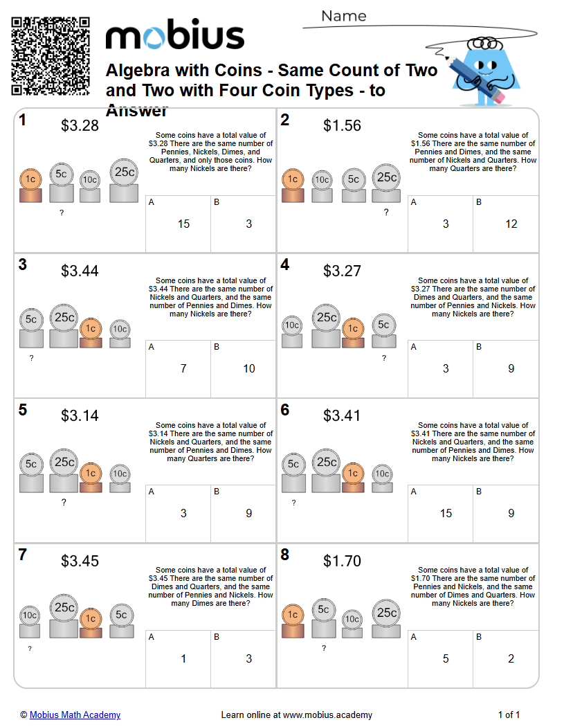 Algebra with Coins - Same Count of Two and Two with Four Coin Types ...