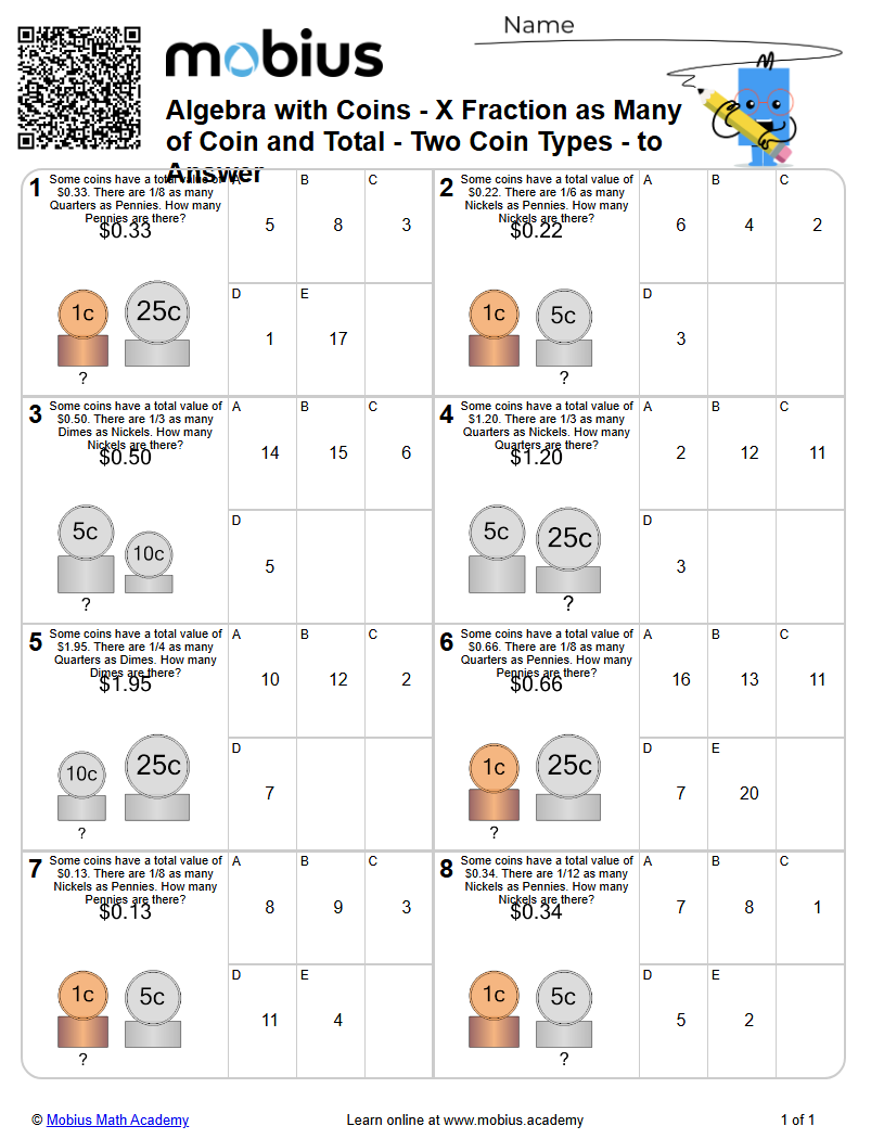 Algebra with Coins - X Fraction as Many of Coin and Total - Two Coin ...