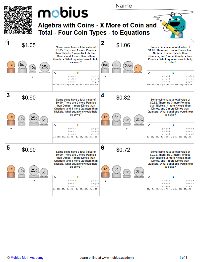 Algebra with Coins - X More of Coin and Total - Four Coin Types - to ...