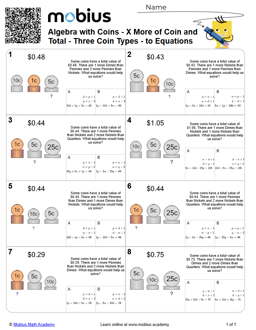 Algebra with Coins - X More of Coin and Total - Three Coin Types - to ...