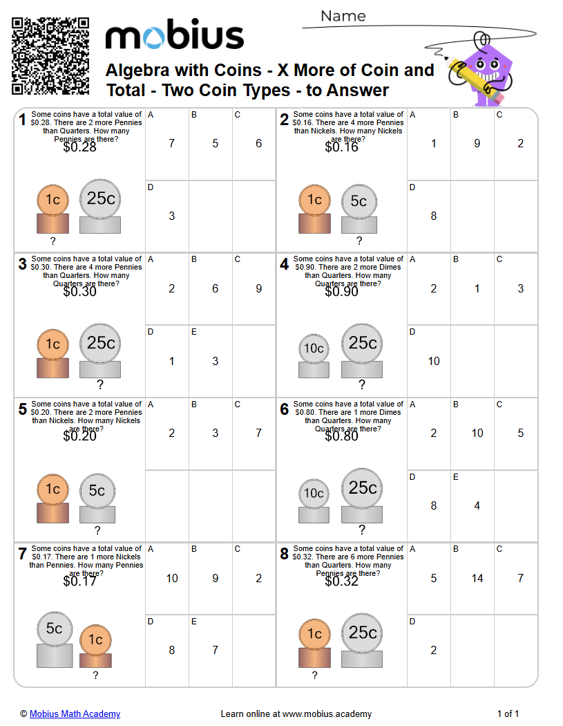 Algebra with Coins - X More of Coin and Total - Two Coin Types - to ...