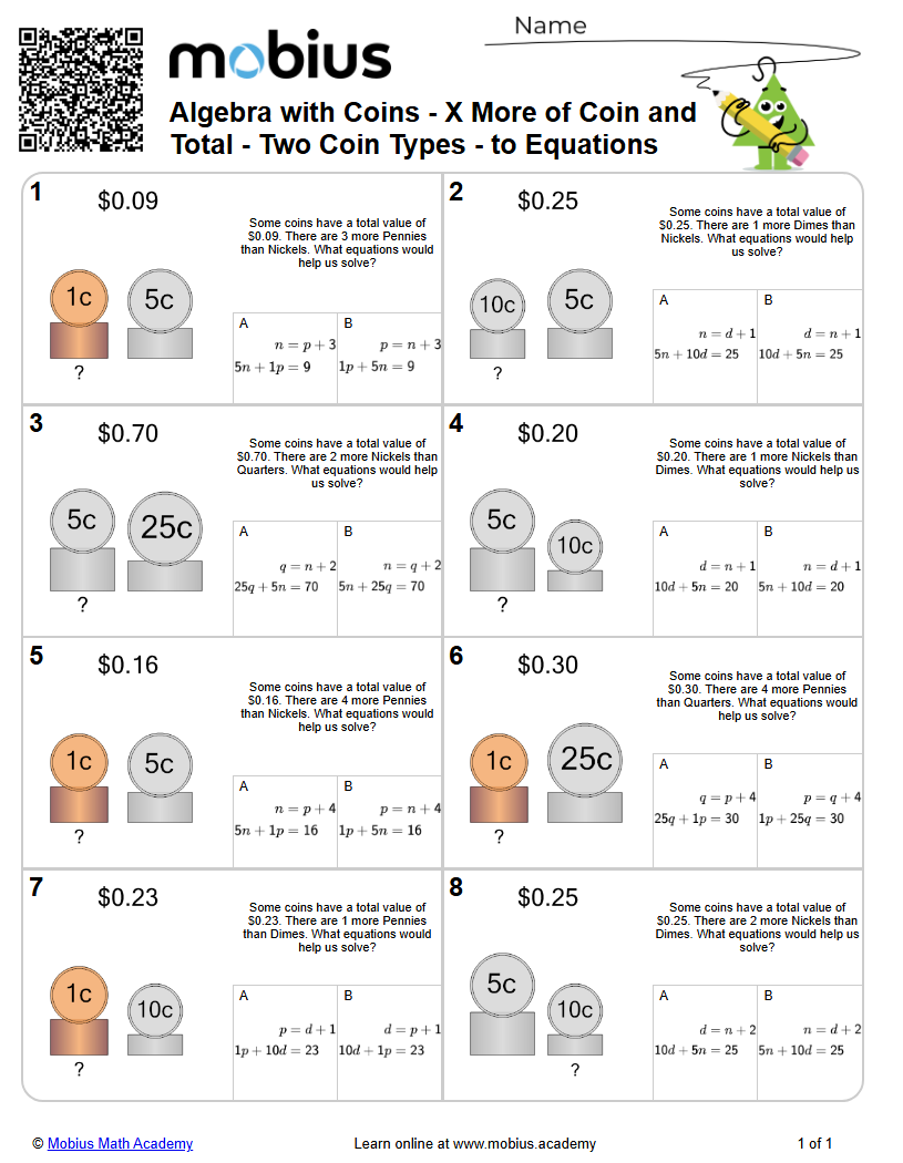 Algebra with Coins - X More of Coin and Total - Two Coin Types - to ...