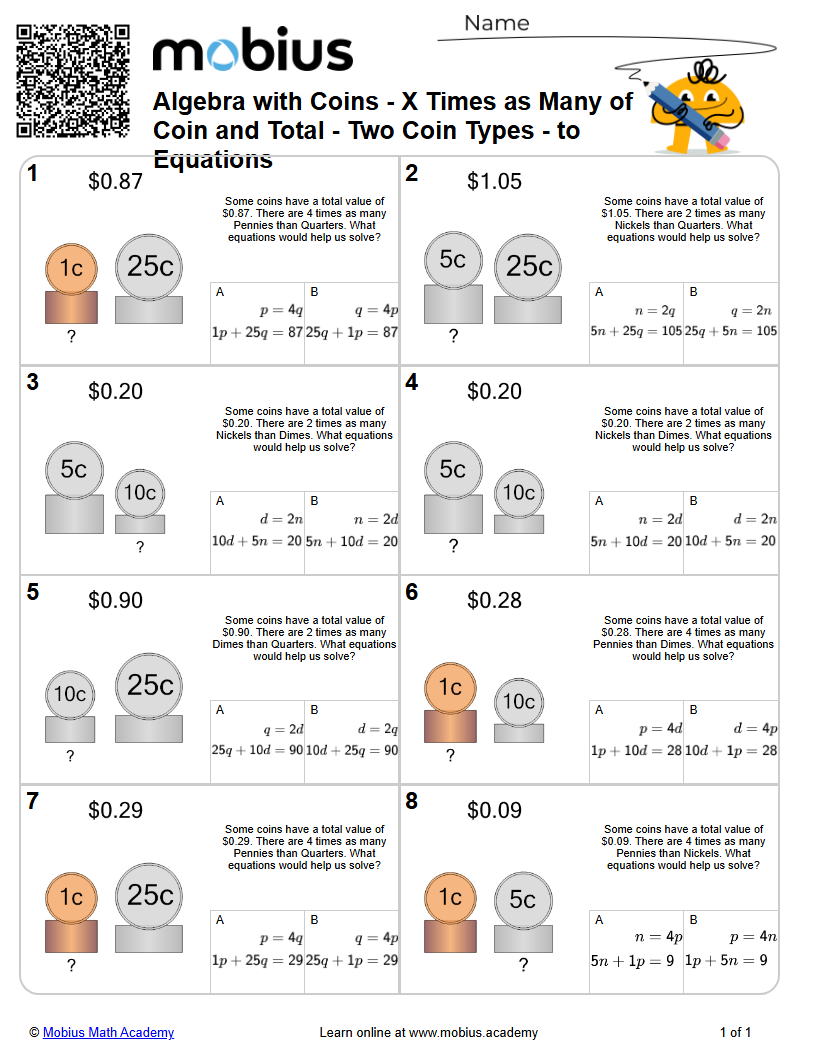 Level 1 | Algebra | Grade 7 Math Worksheets - Mobius Math Academy