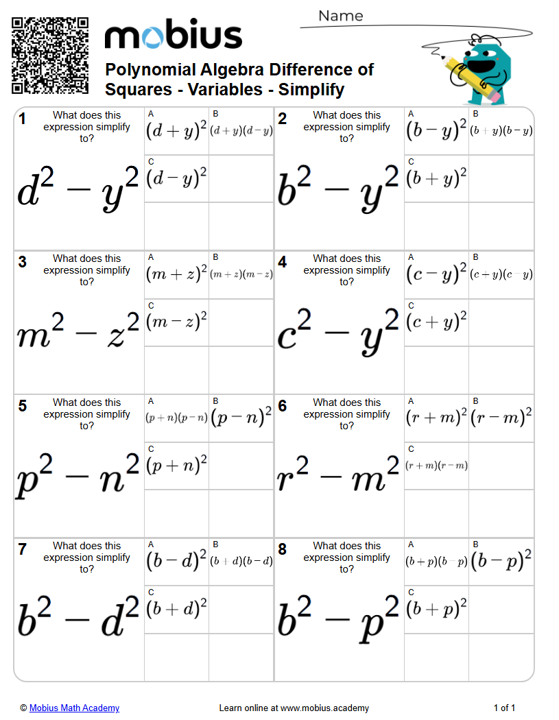 Polynomial Algebra Difference of Squares - Variables - Simplify | Level ...