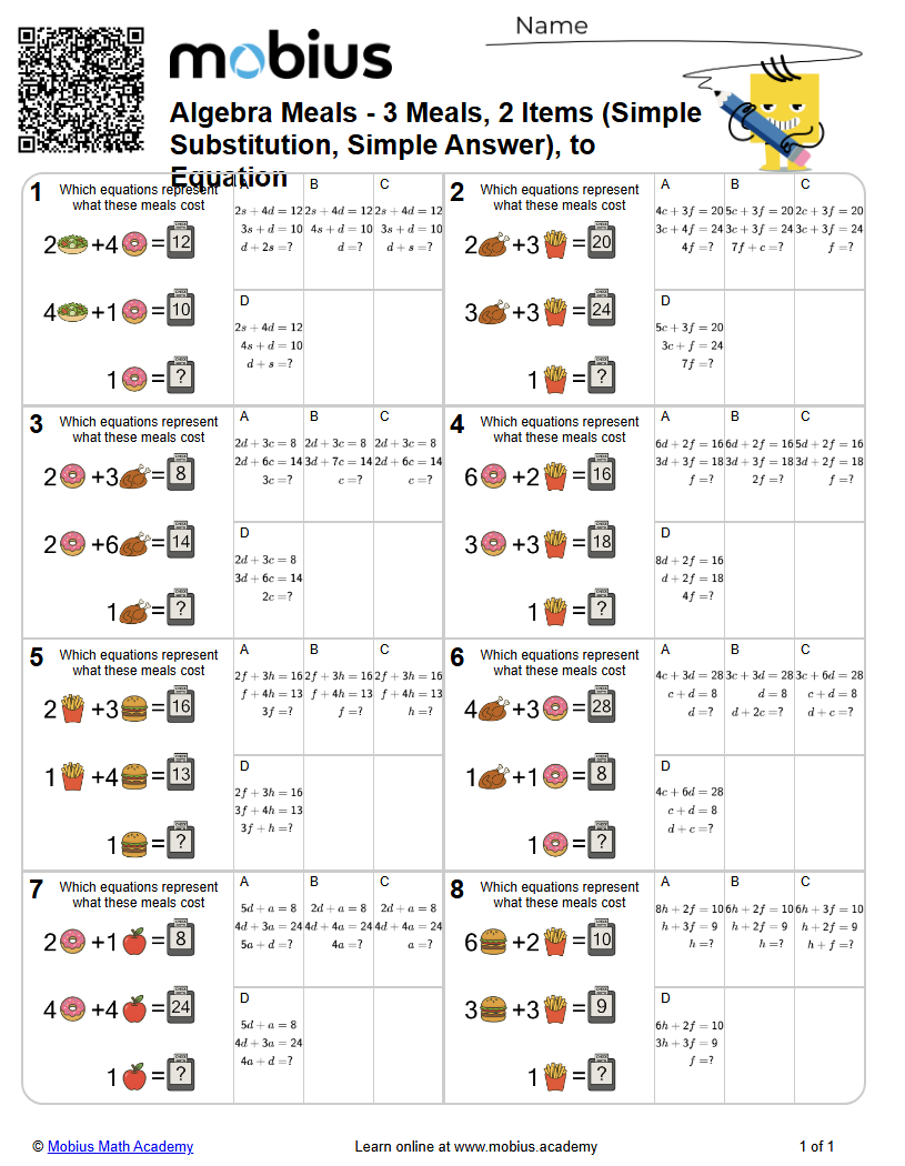 Algebra Meals - 3 Meals, 2 Items (Simple Substitution, Simple Answer ...