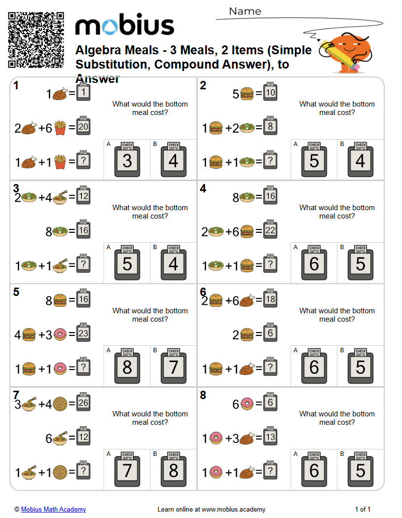 Algebra Meals - 3 Meals, 2 Items (Simple Substitution, Compound Answer ...