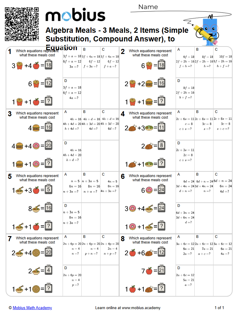 Algebra Meals - 3 Meals, 2 Items (Simple Substitution, Compound Answer ...