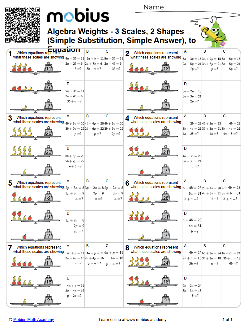 Algebra Weights - 3 Scales, 2 Shapes (Simple Substitution, Simple ...