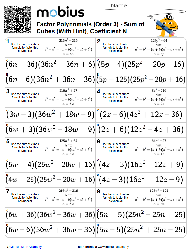 Factor Polynomials (Order 3) - Sum of Cubes (With Hint), Coefficient N ...