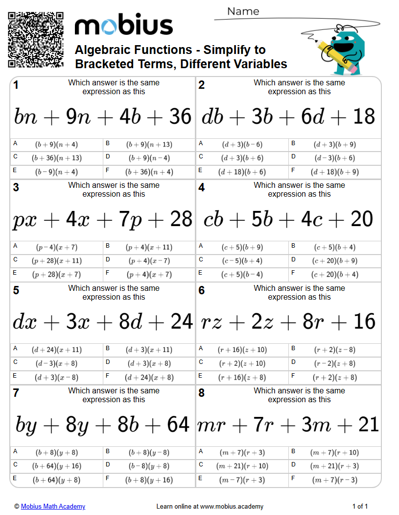 Algebraic Functions - Simplify to Bracketed Terms, Different Variables ...