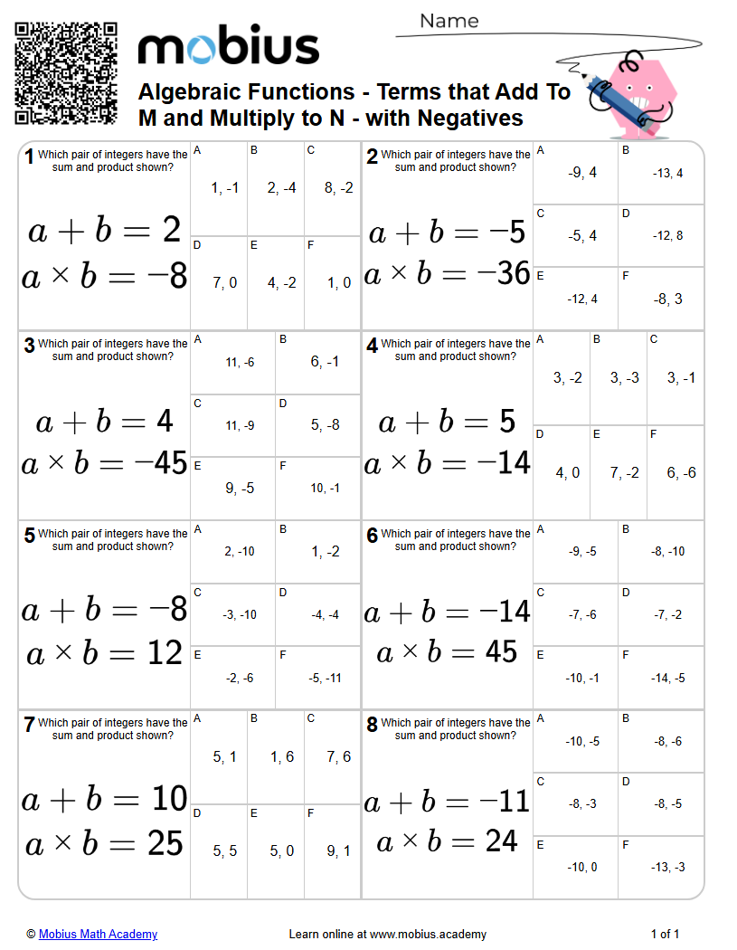 Algebraic Functions | Terms that Add To M and Multiply to N - with ...