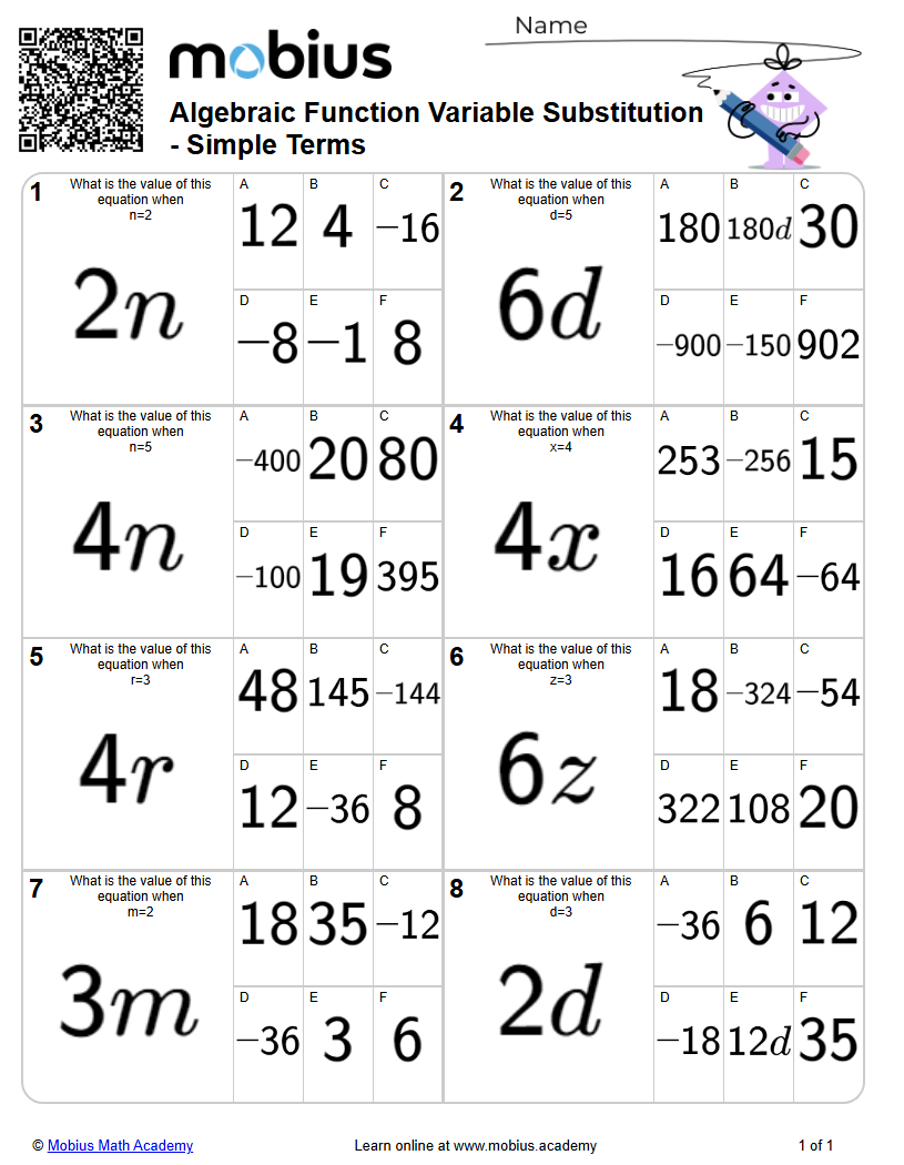 Algebraic Function Variable Substitution - Simple Terms (Level 1 ...