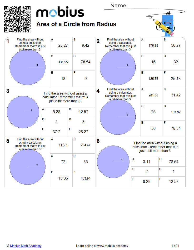 Area of a Circle from Radius (Level 1) - Mobius Math Academy