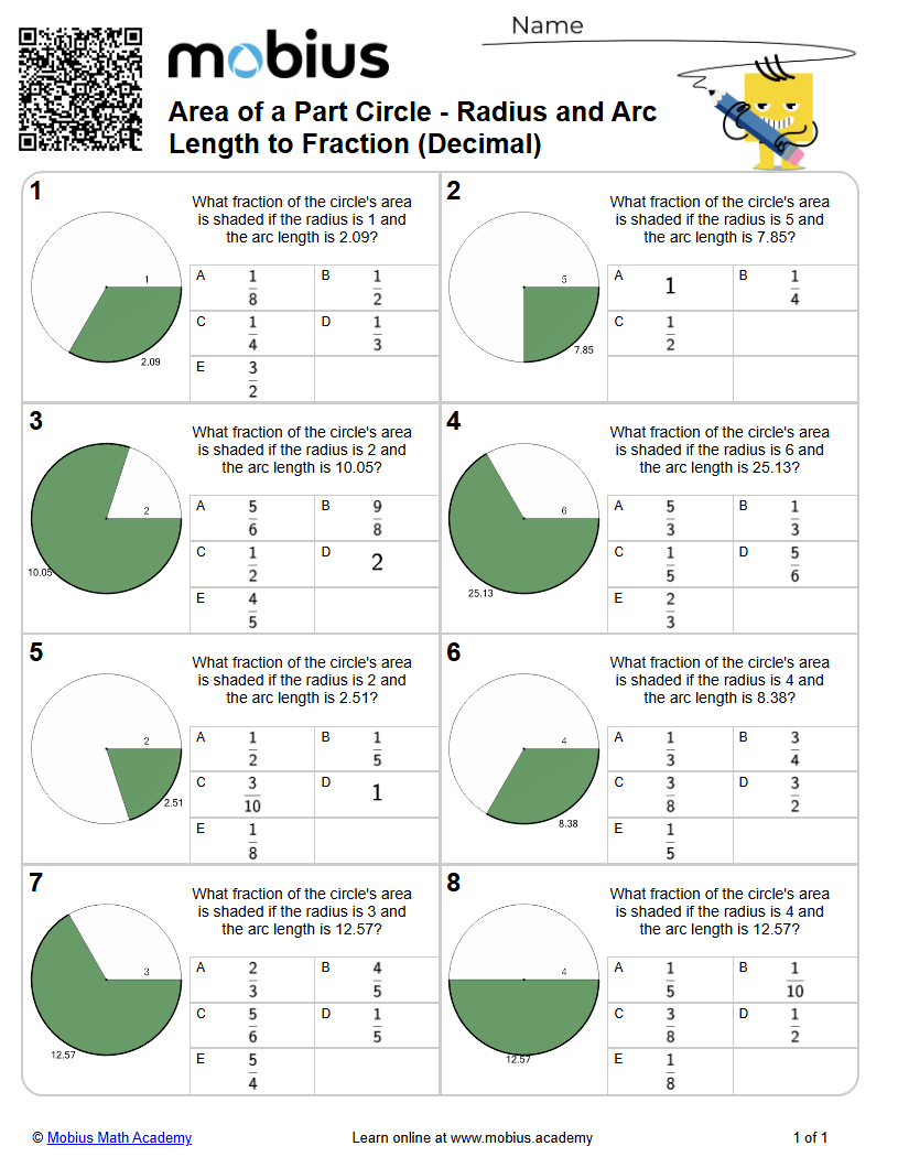 Area of a Part Circle - Radius and Arc Length to Fraction (Decimal ...