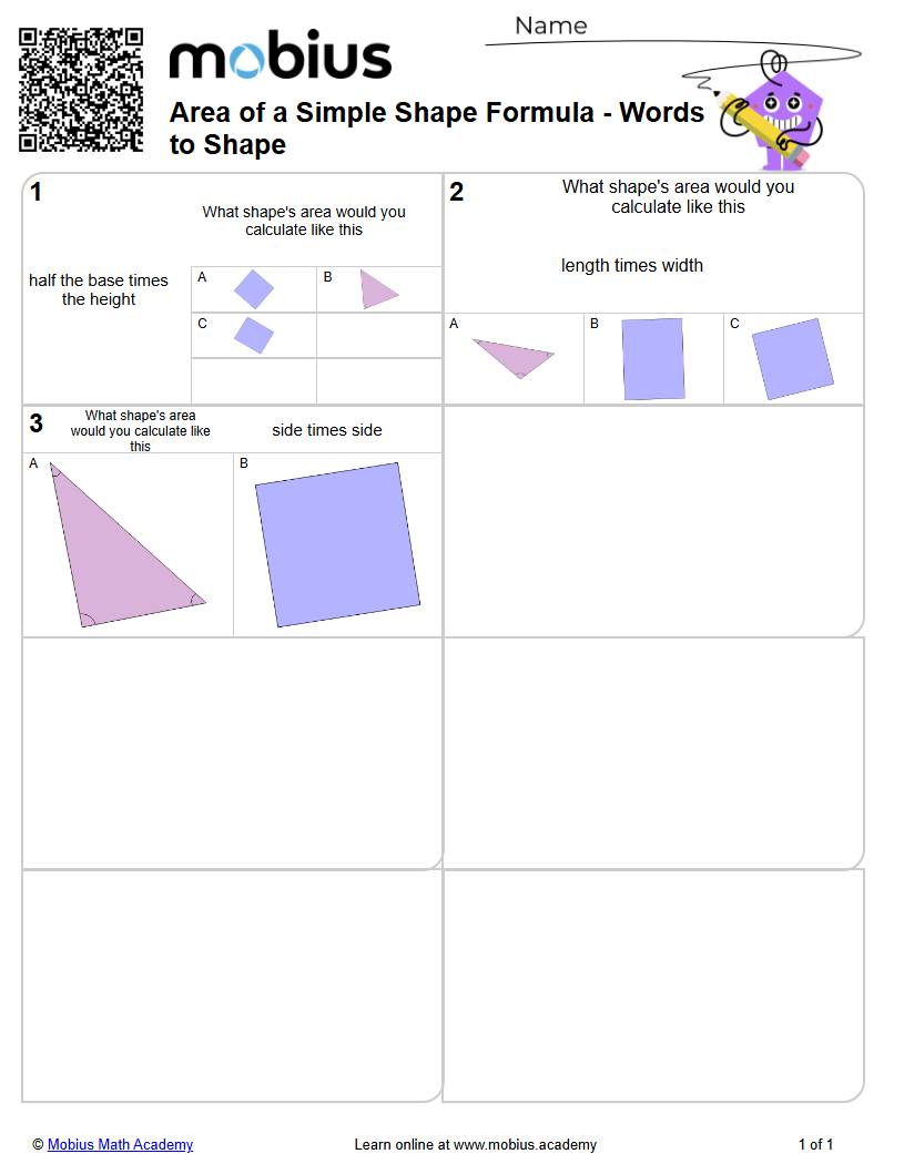 Area of a Simple Shape Formula - Words to Shape (Level 1) - Mobius Math ...