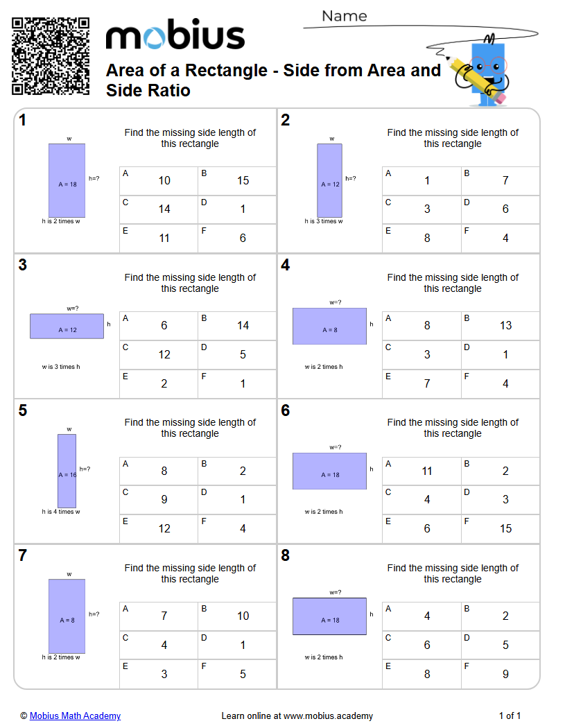 Area of a Rectangle - Side from Area and Side Ratio (Level 1) - Mobius ...