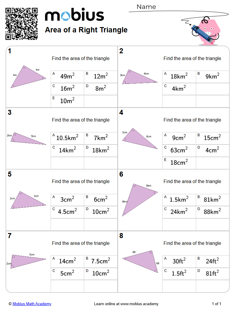 Area of a Right Triangle | Level 1 | Grades 4-8 Math Worksheets ...