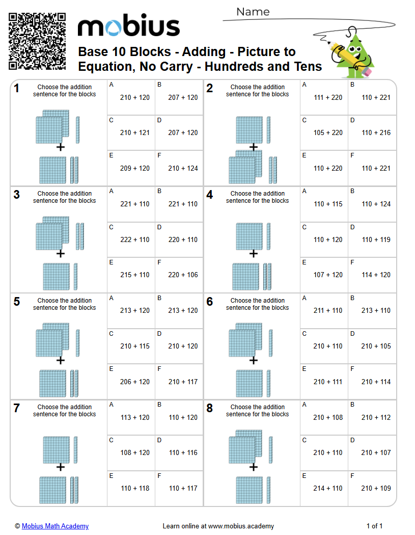 Base 10 Blocks - Adding - Picture to Equation, No Carry - Hundreds and ...