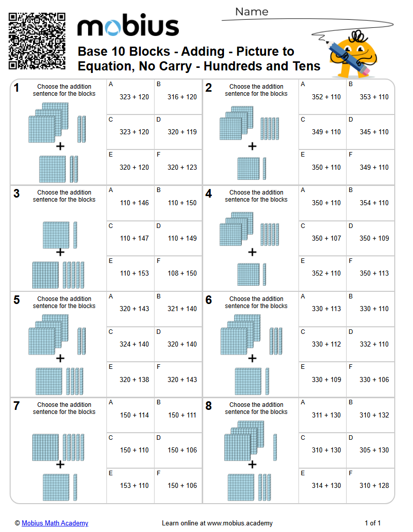 Base 10 Blocks - Adding - Picture to Equation, No Carry - Hundreds and ...
