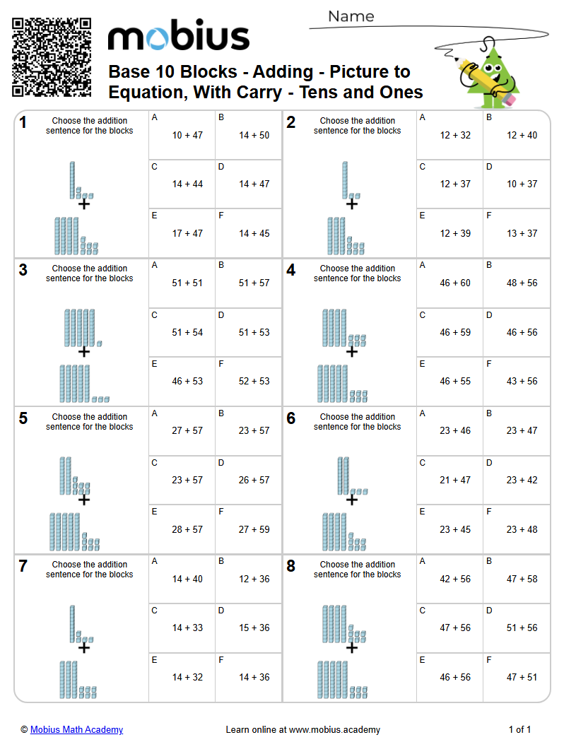 Base 10 Blocks | Adding - Picture to Equation, With Carry - Tens and ...