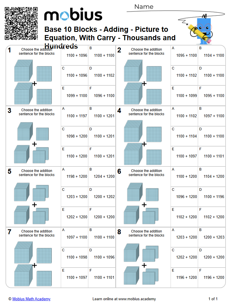 Base 10 Blocks - Adding - Picture to Equation, With Carry - Thousands ...