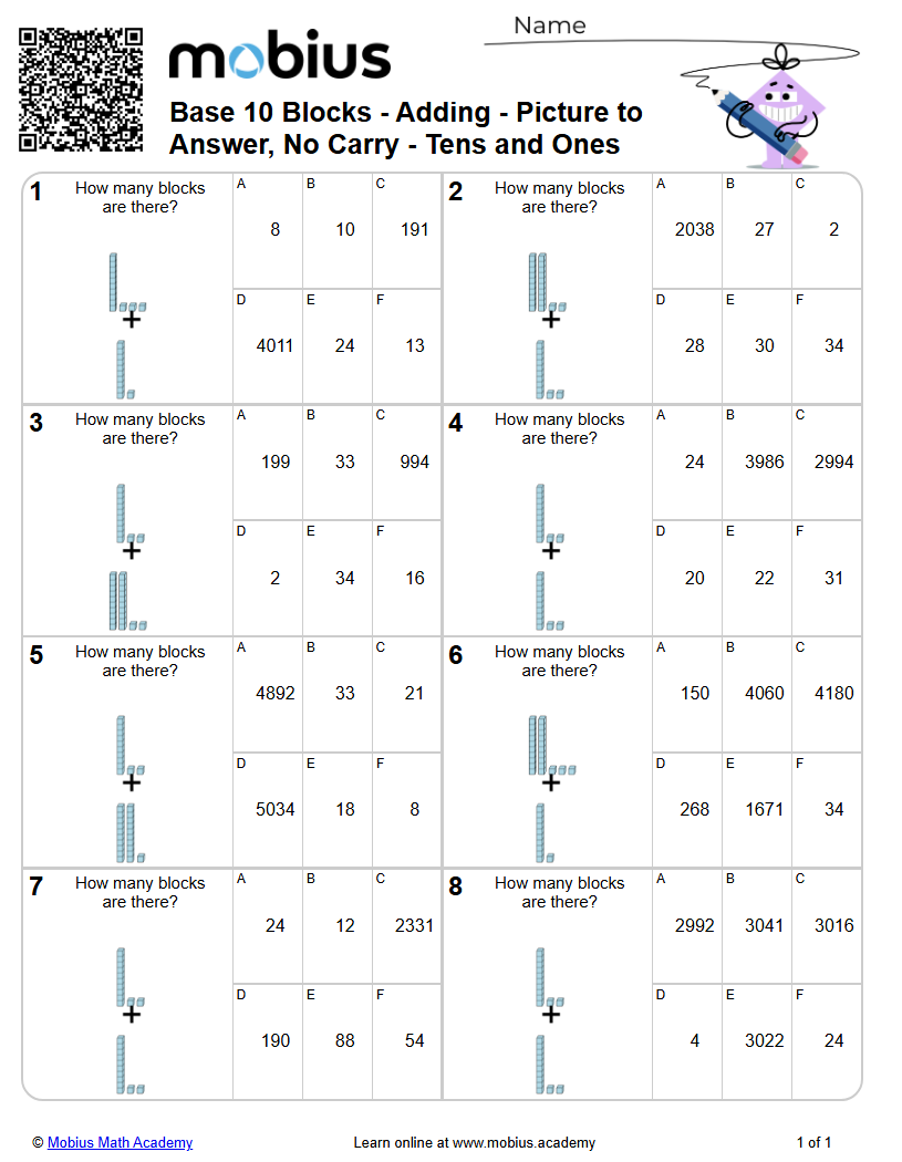 Base 10 Blocks - Adding - Picture to Answer, No Carry - Tens and Ones ...