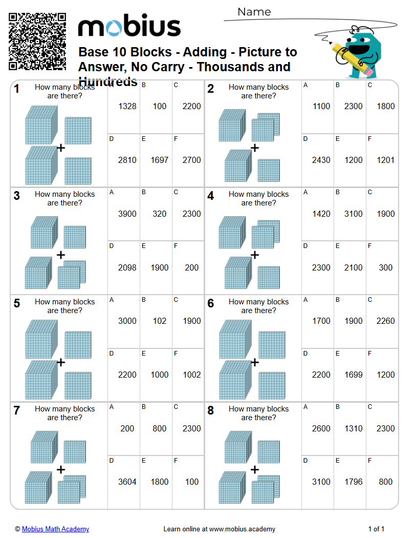 Base 10 Blocks - Adding - Picture to Answer, No Carry - Thousands and ...