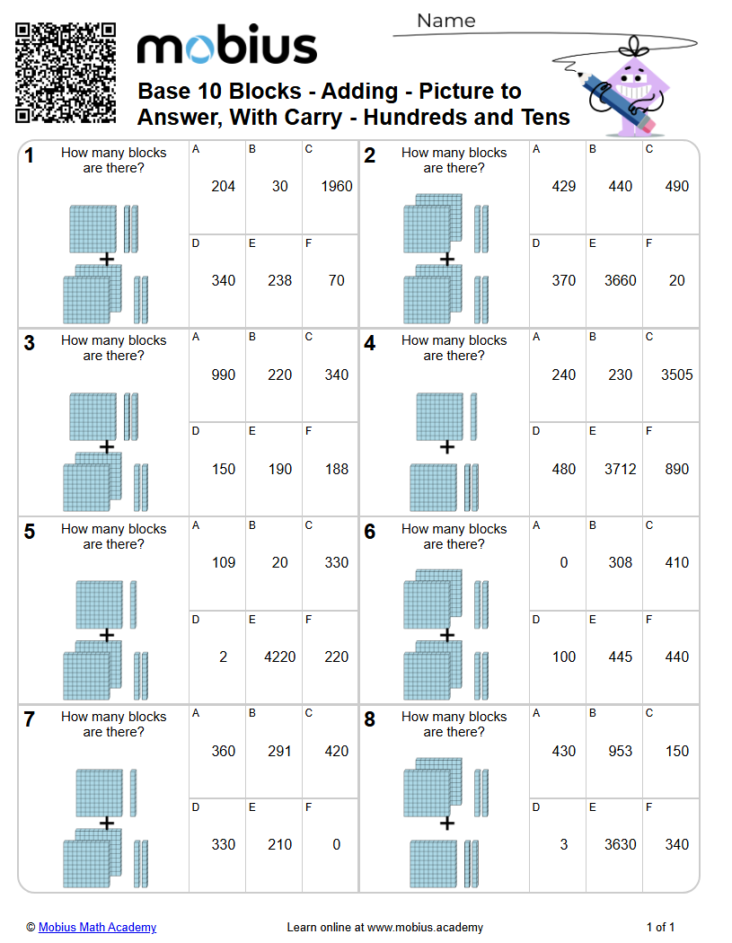 Base 10 Blocks - Adding - Picture to Answer, With Carry - Hundreds and ...