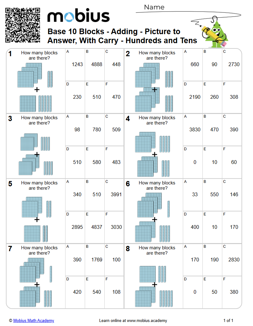 Base 10 Blocks - Adding - Picture to Answer, With Carry - Hundreds and ...