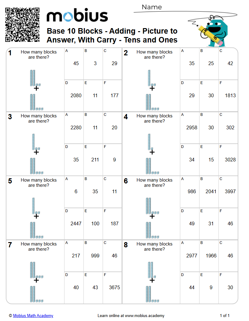 Adding - Picture to Answer, With Carry - Tens and Ones (Level 1 ...