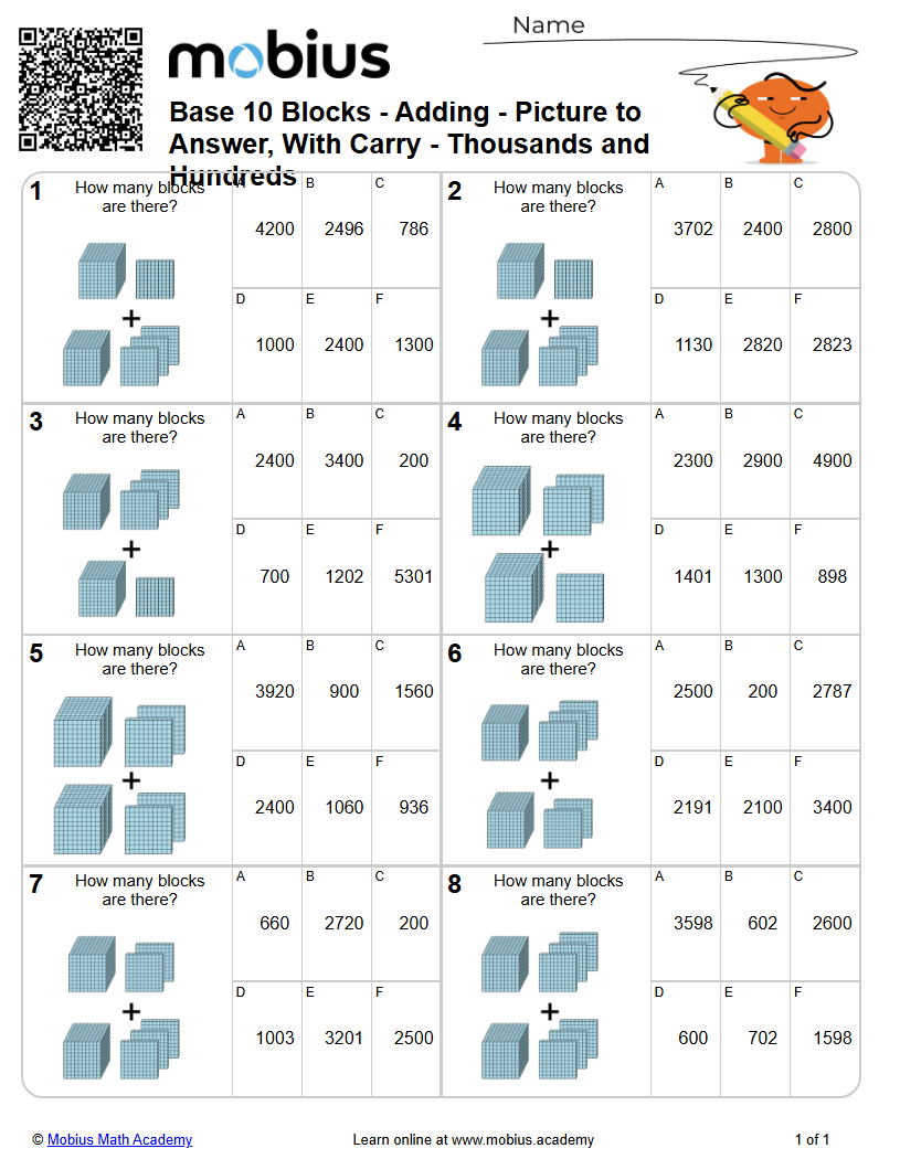 Base 10 Blocks | Adding - Picture to Answer, With Carry - Thousands and ...