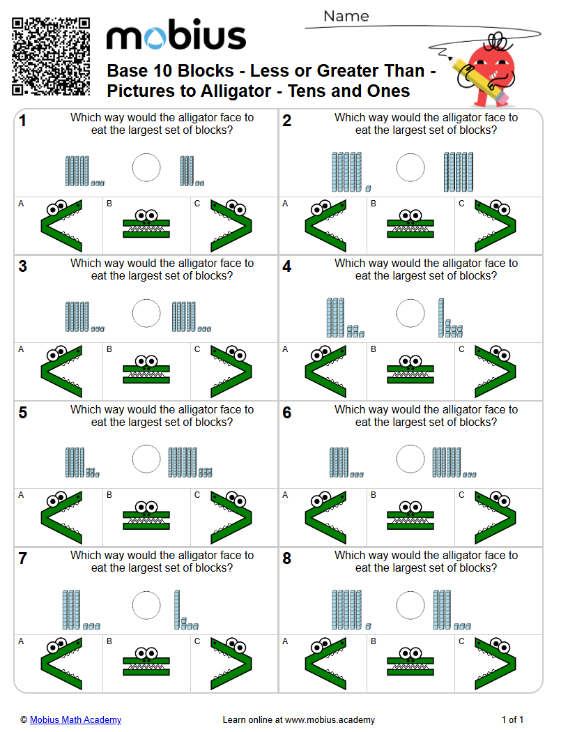 Base 10 Blocks - Less or Greater Than - Pictures to Alligator - Tens ...