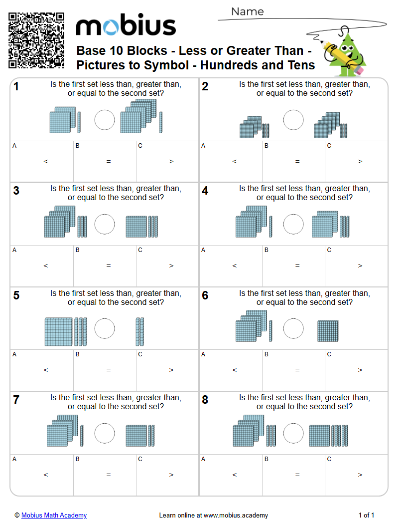 Base 10 Blocks - Less or Greater Than - Pictures to Symbol - Hundreds ...