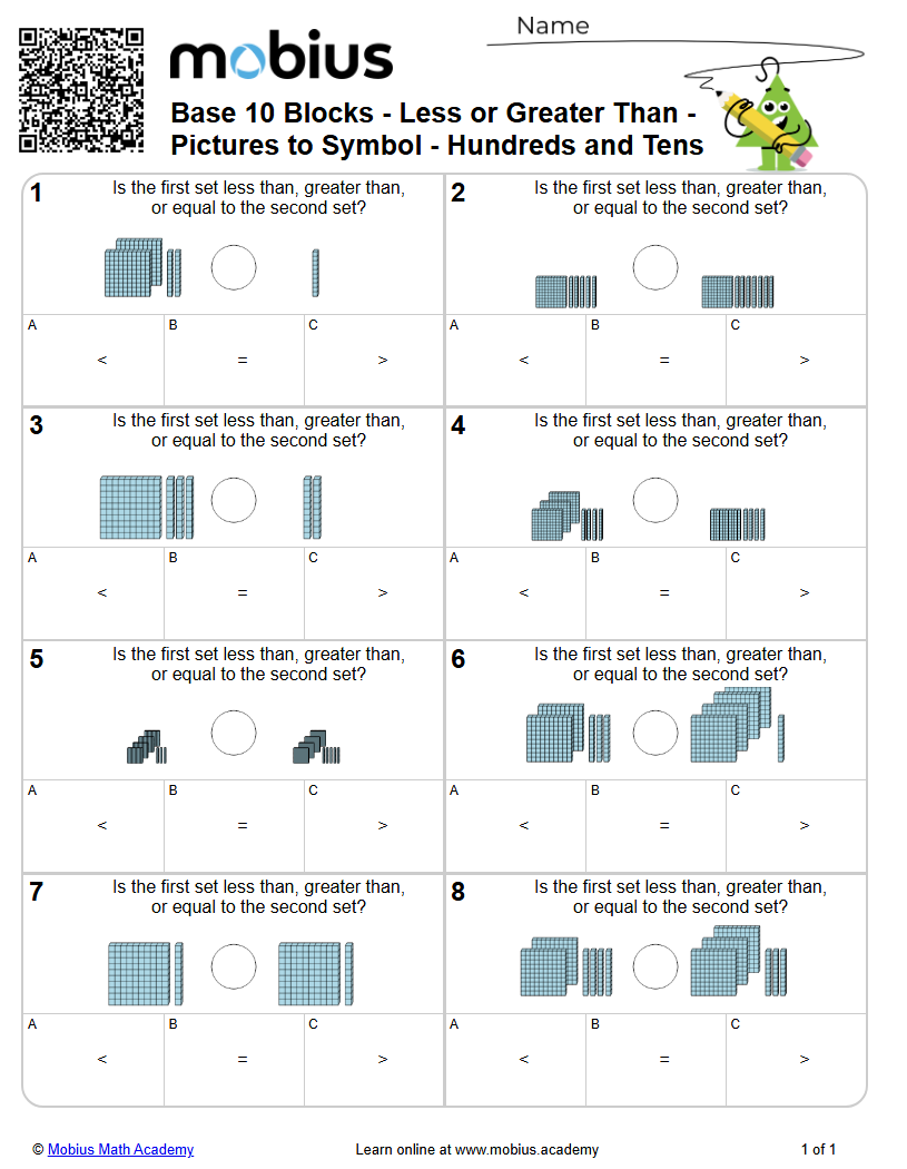 Base 10 Blocks - Less or Greater Than - Pictures to Symbol - Hundreds ...