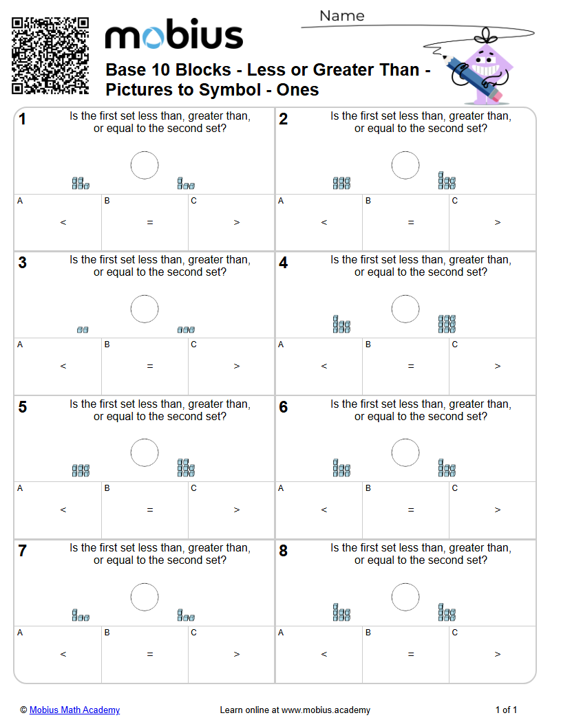 Base 10 Blocks - Less or Greater Than - Pictures to Symbol - Ones ...