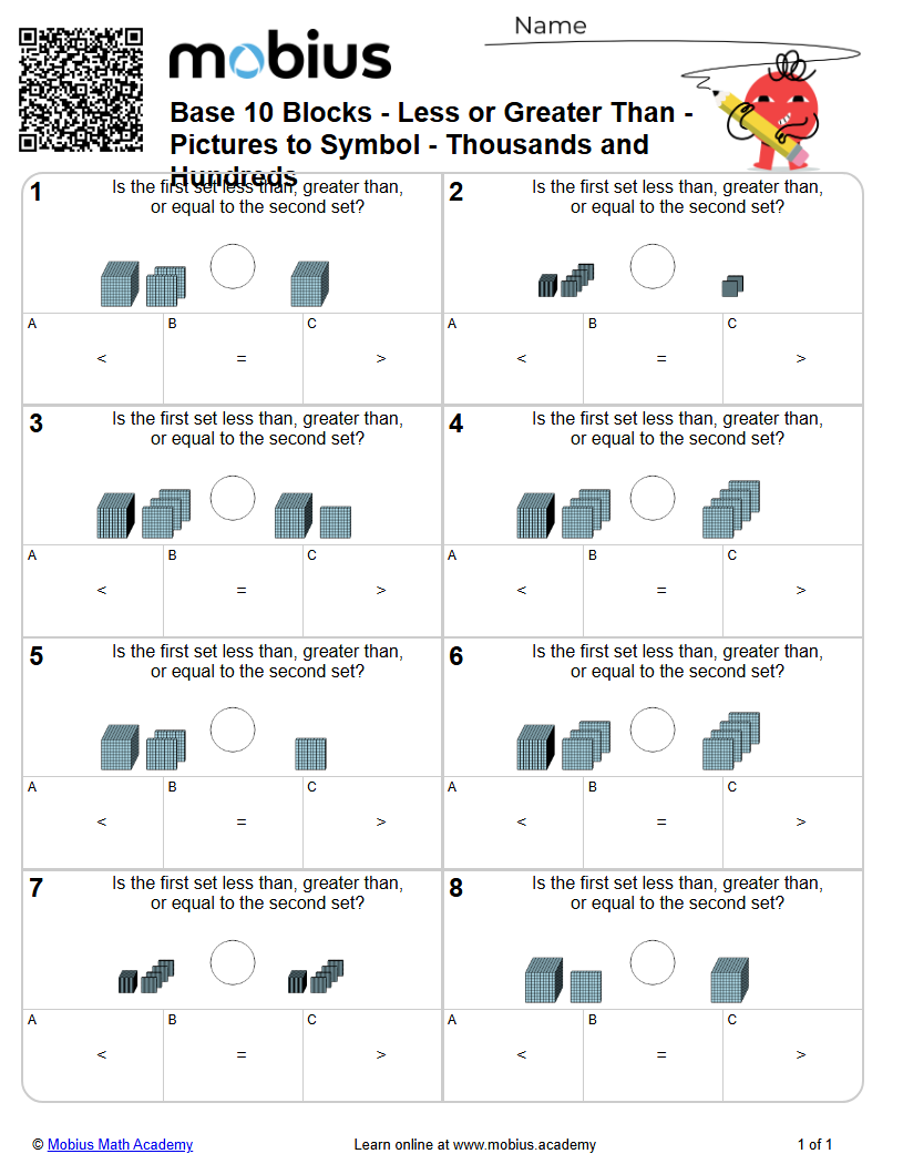 Base 10 Blocks - Less or Greater Than - Pictures to Symbol - Thousands ...