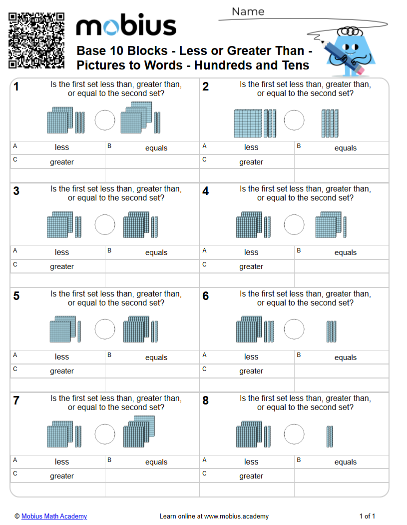 Base 10 Blocks - Less or Greater Than - Pictures to Words - Hundreds ...